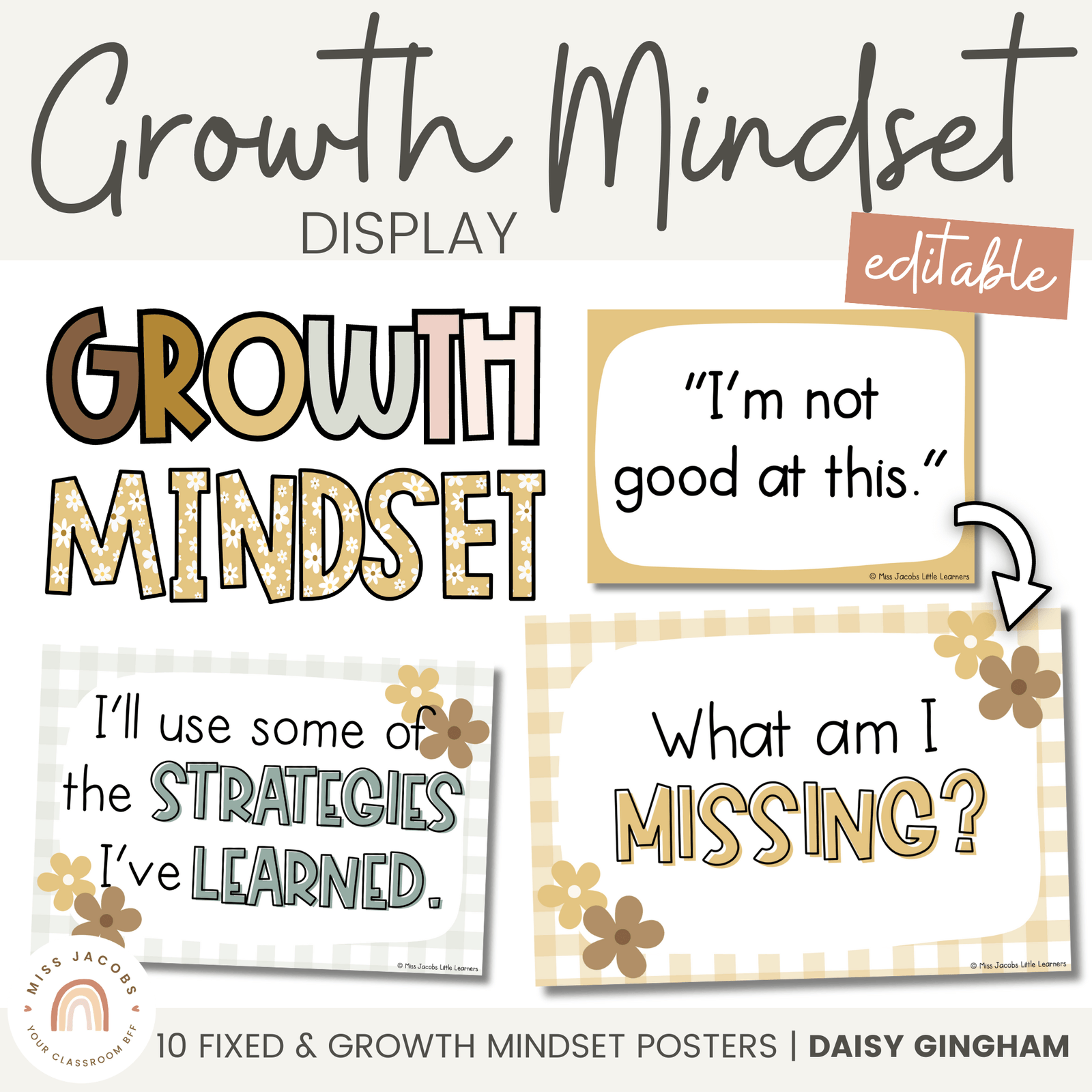 Modern Growth Mindset Display | Daisy Gingham Neutral Classroom Decor ...