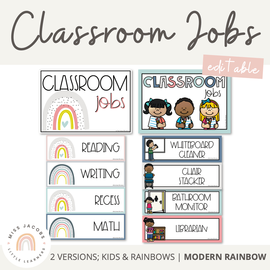 Classroom Job Chart - Rainbow Calm Colors Decor