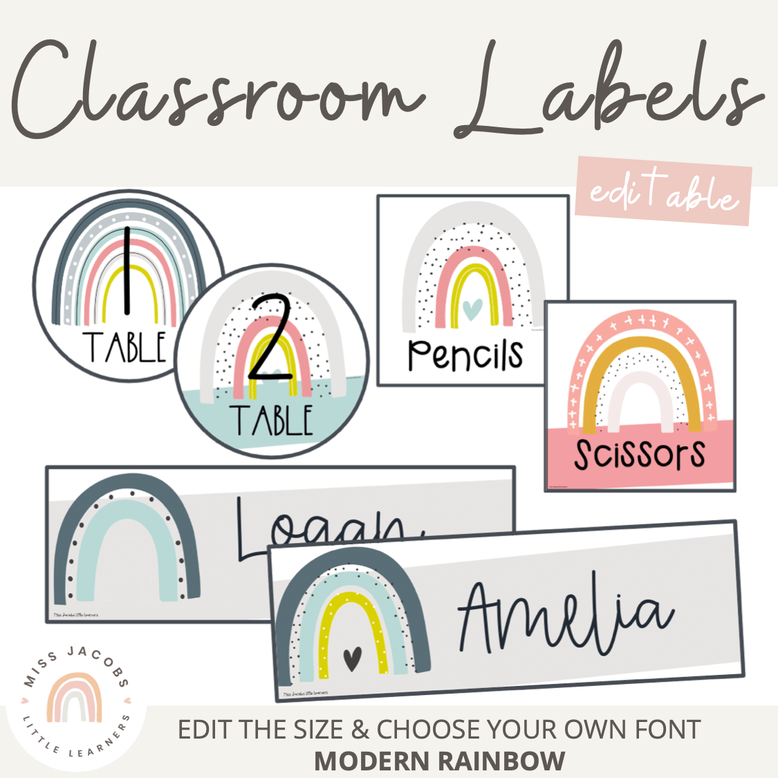 Classroom Labels Student Names & Supplies - Modern Rainbow - MJLL