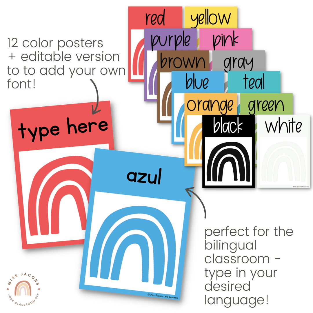 Modern Rainbow Color Posters | Boho Classroom Decor | Editable - Miss ...