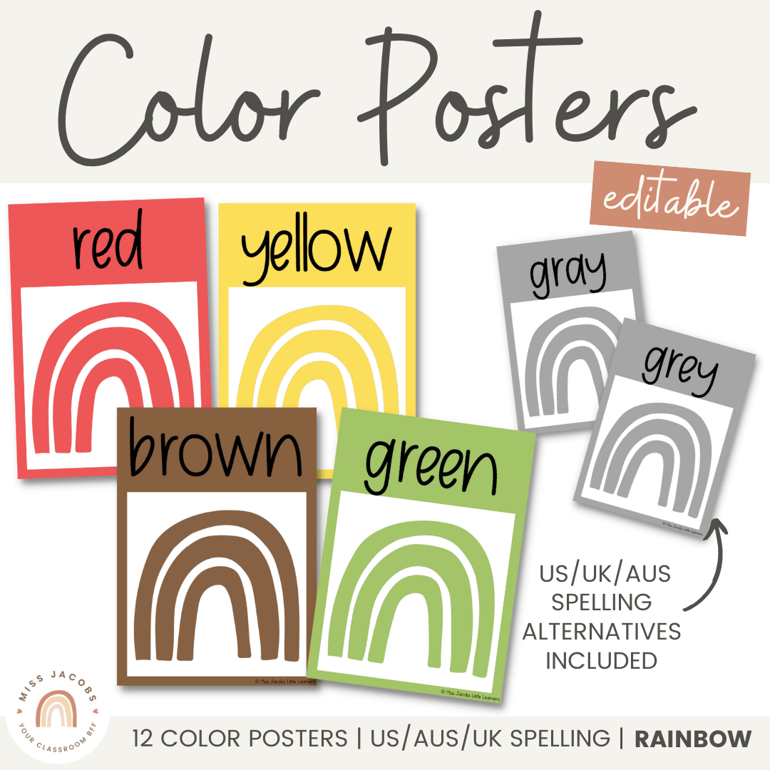 Modern Rainbow Color Posters | Boho Classroom Decor | Editable - Miss ...