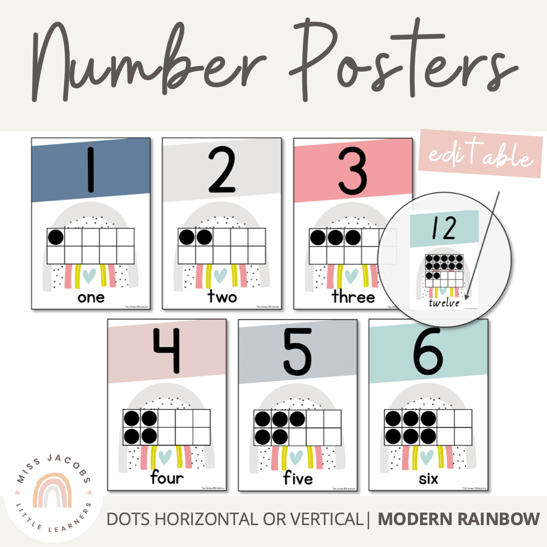 Number Posters with Ten Frames - Rainbow Calm Colors Decor