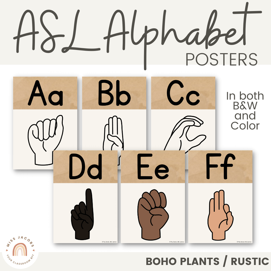ASL Alphabet Posters - American Sign Language - Boho Plants Decor