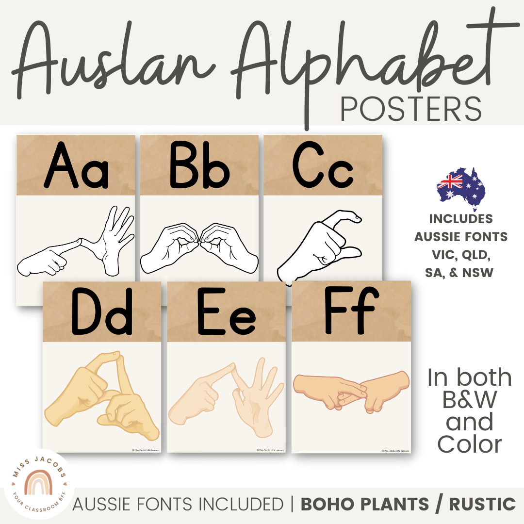 Auslan Alphabet Posters - Australian Sign Language - Boho Plants Decor