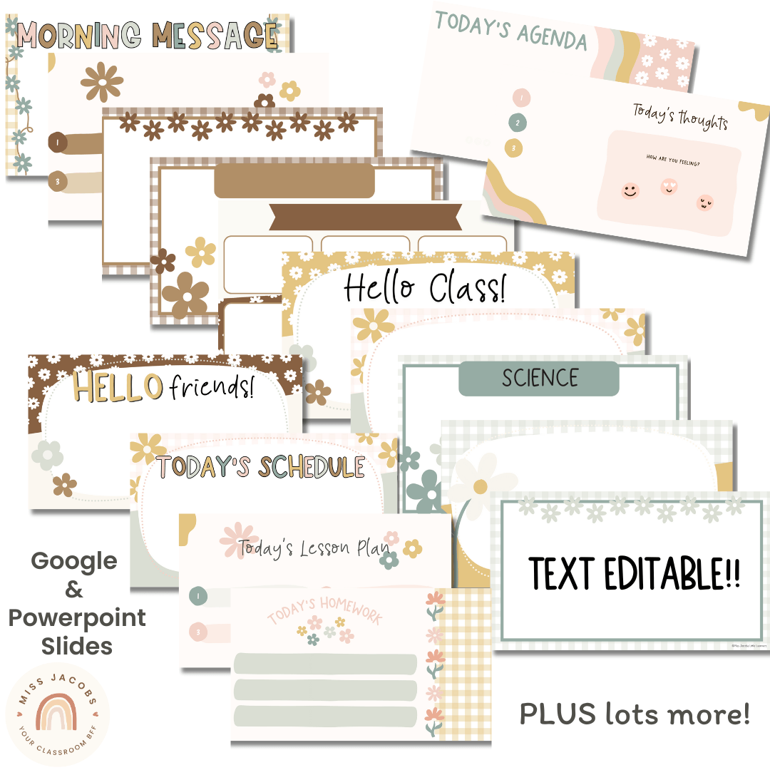 Morning Slides with Timers | Daisy Gingham Neutral Classroom Decor | E ...