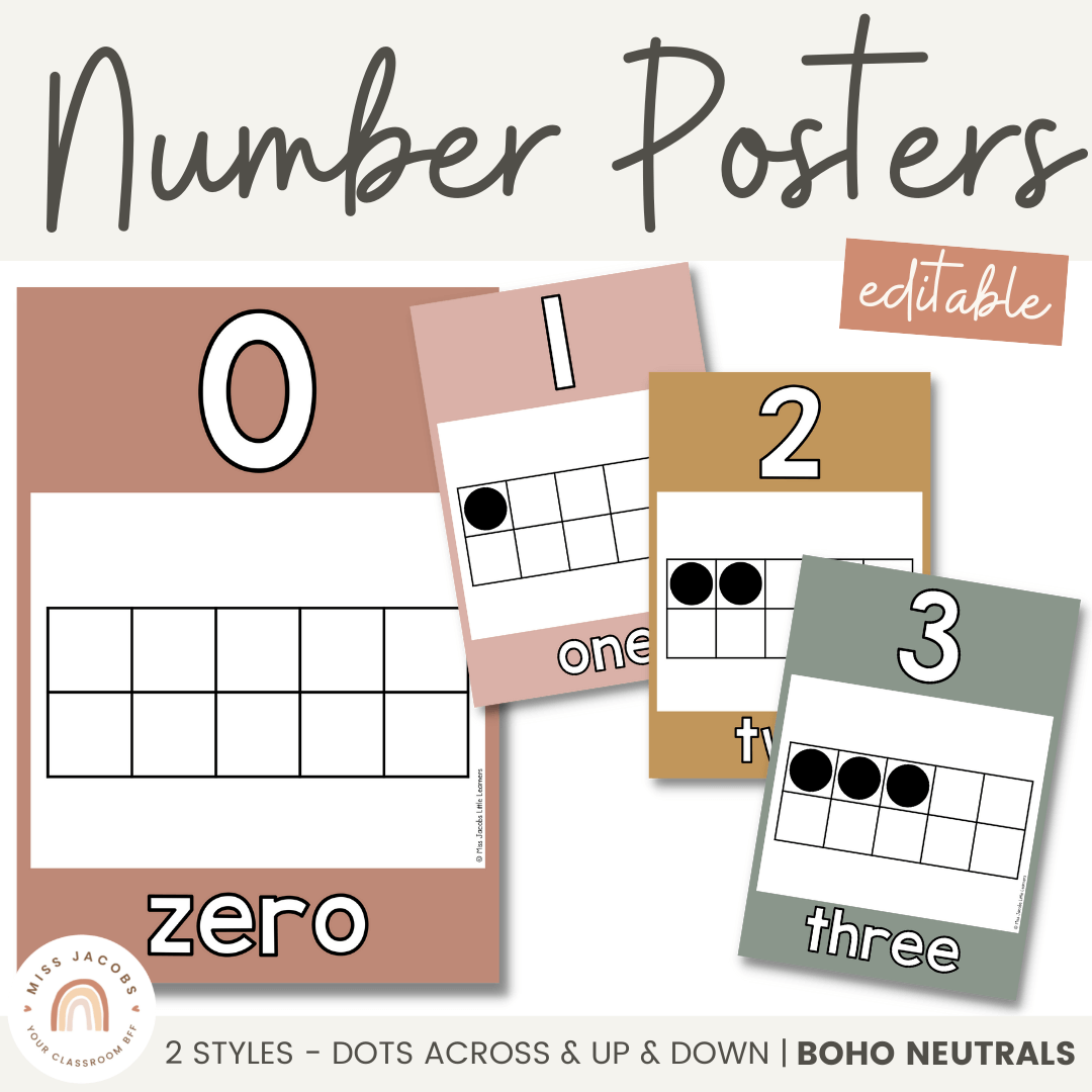 Number Posters with Ten Frames - Boho Neutrals Theme - MJLL