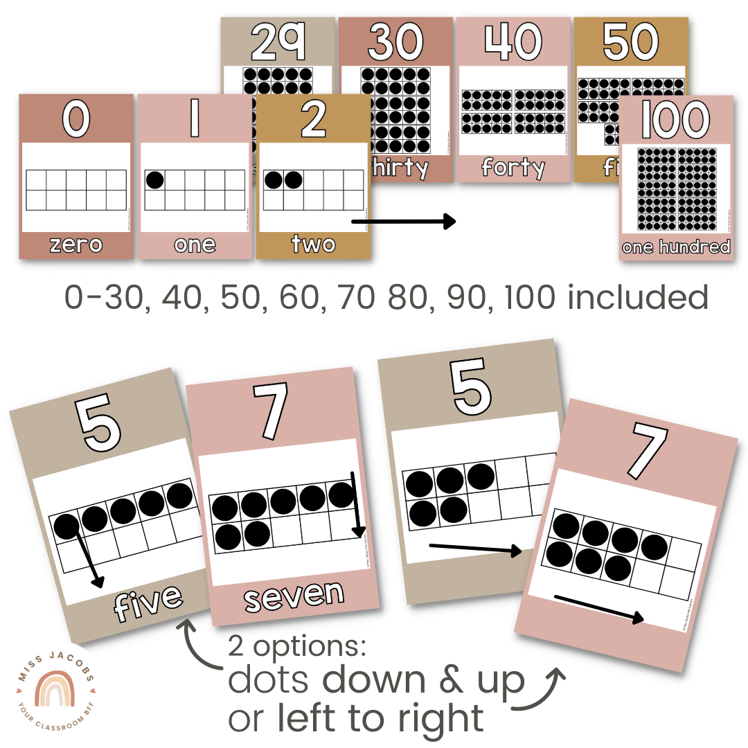 Number Posters with Ten Frames - Boho Neutrals Theme - MJLL
