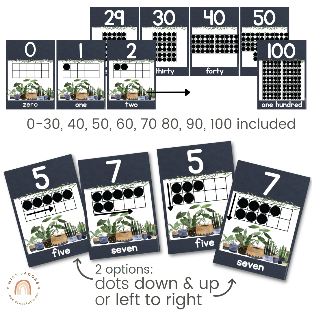 Number Posters with Ten Frames (Dark) - Boho Plants Decor