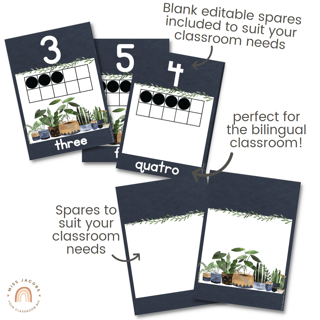 Number Posters with Ten Frames (Dark) - Boho Plants Decor