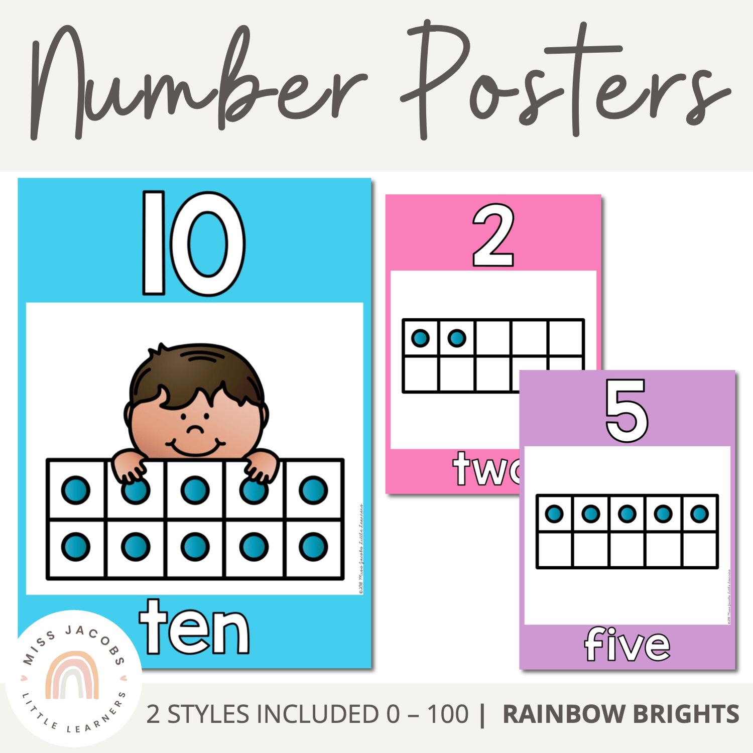 Number Posters with Ten Frames | Rainbow Classroom Decor
