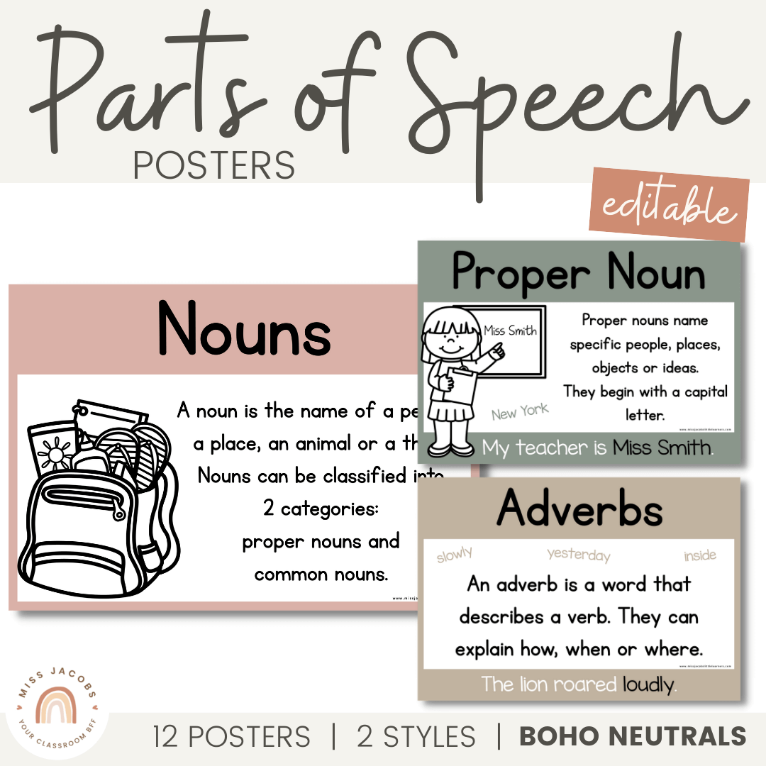 Parts of Speech Posters - Boho Neutrals Classroom Theme - Miss Jacobs