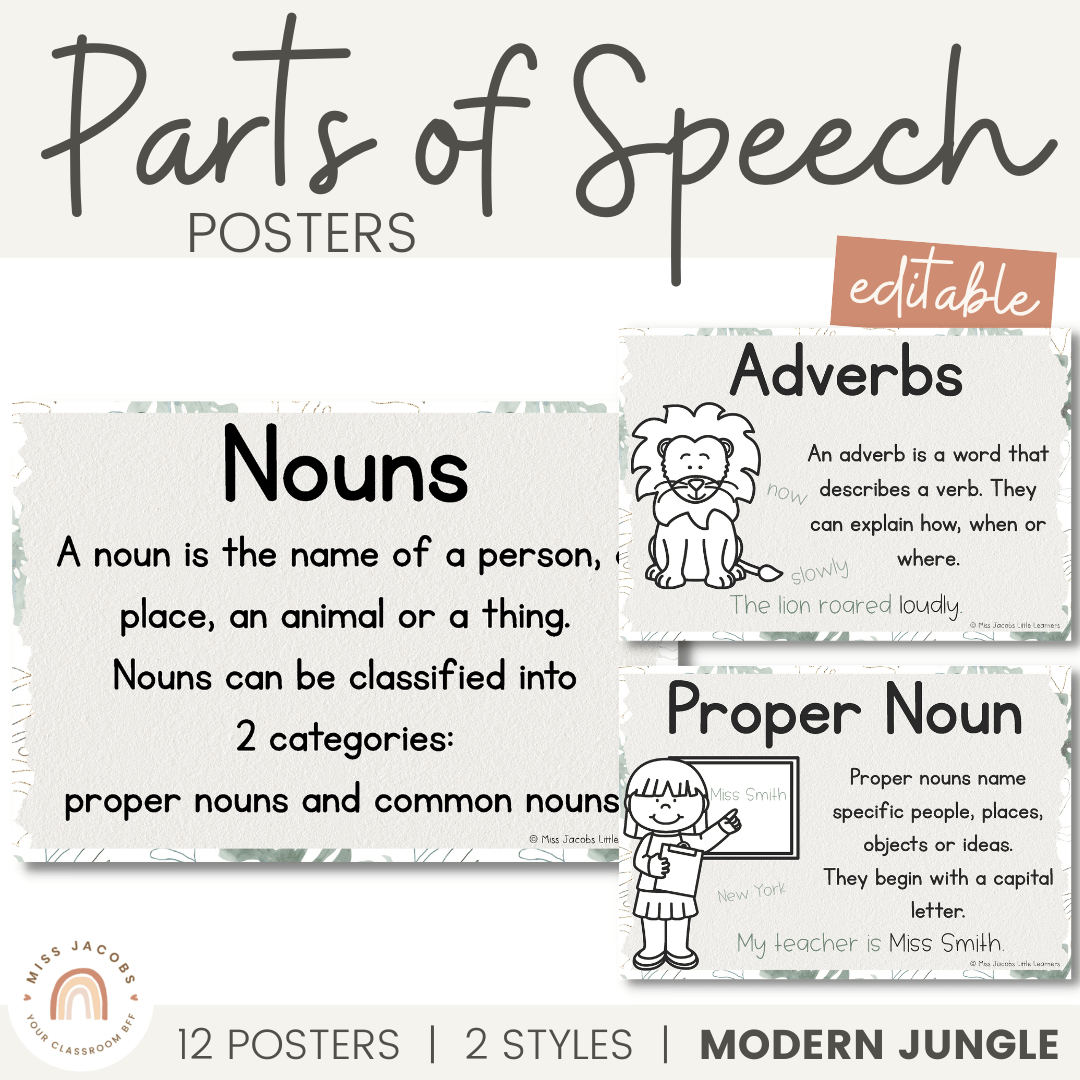 Parts of Speech Posters - Modern Jungle Classroom Decor