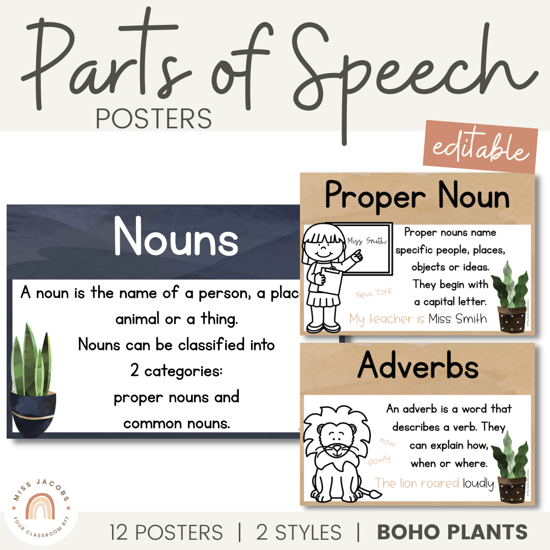 Parts of Speech Posters - Boho Plants Classroom Decor