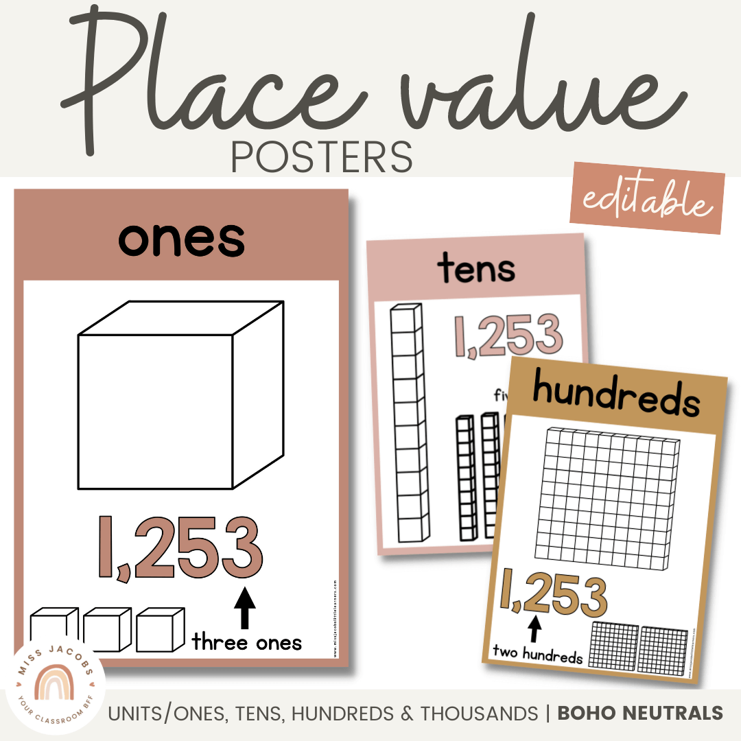 Place Value Posters - Base 10 Blocks - Boho Neutrals Theme - MJLL