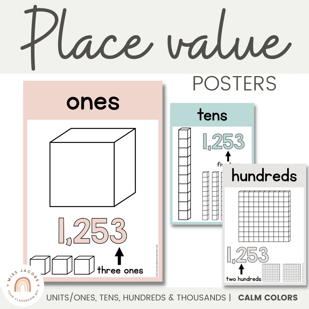 Place Value Posters - Base 10 Blocks - Rainbow Calm Colors Decor