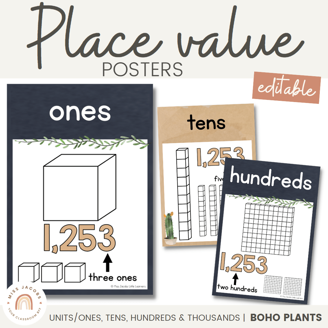 Place Value Posters - Base 10 Blocks - Boho Plants Decor