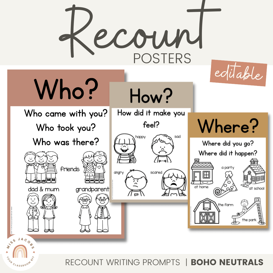 Recount Posters - Boho Neutrals Classroom Theme - Miss Jacobs