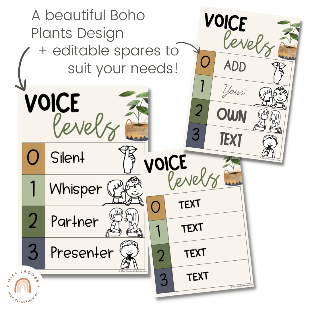 Voice Levels Chart - Boho Plants Classroom Decor