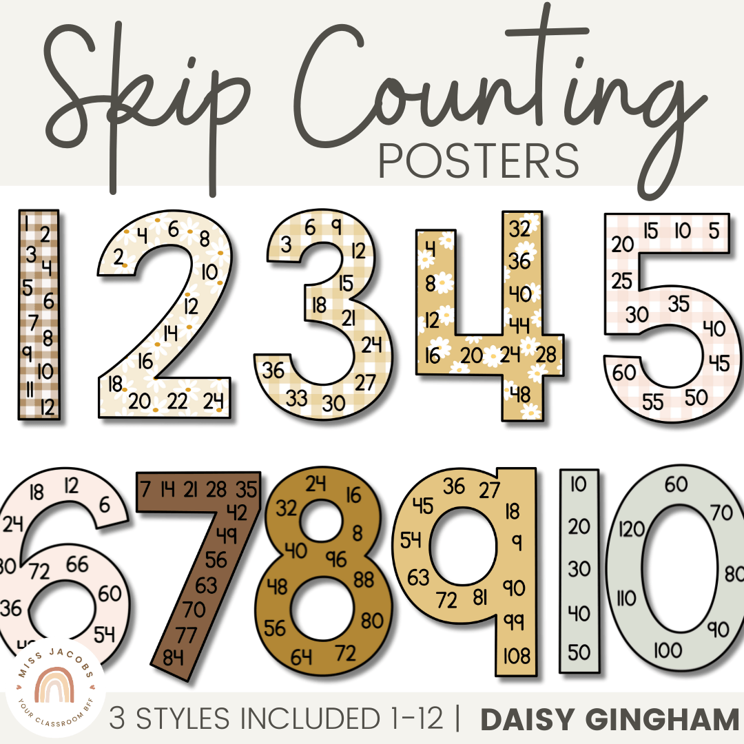 Skip Counting Posters | Daisy Gingham Neutrals Math Classroom Decor ...