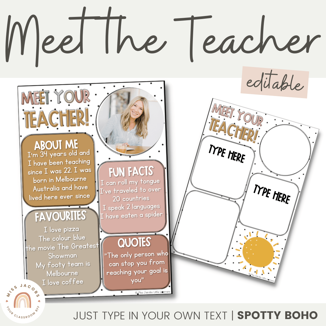 Meet the Teacher Template - Spotty Boho Decor - Miss Jacobs