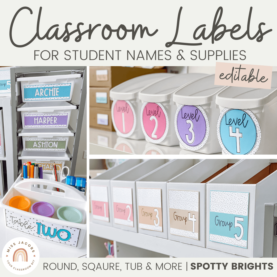 Classroom Labels Student Names & Supplies - Spotty Bright - MJLL