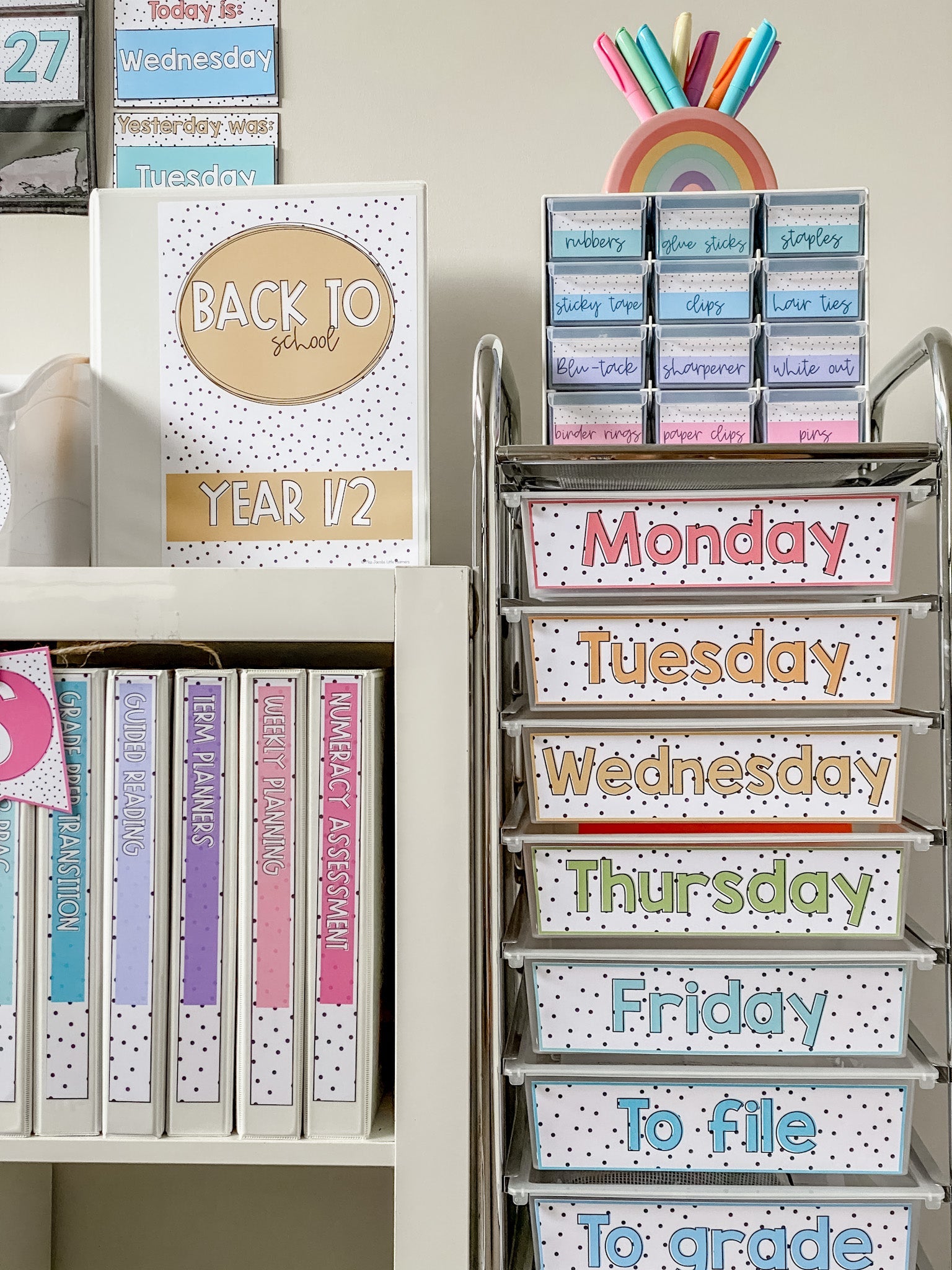 Teacher Trolley Labels for Rolling Cart - Spotty Bright - Miss Jacobs