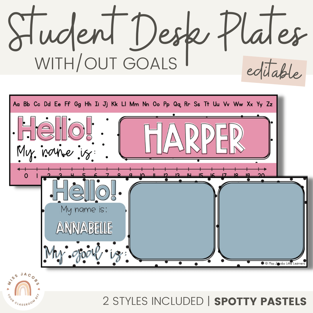 Student Desk Name Plate & Goals Mat - Spotty Pastel Theme - MJLL