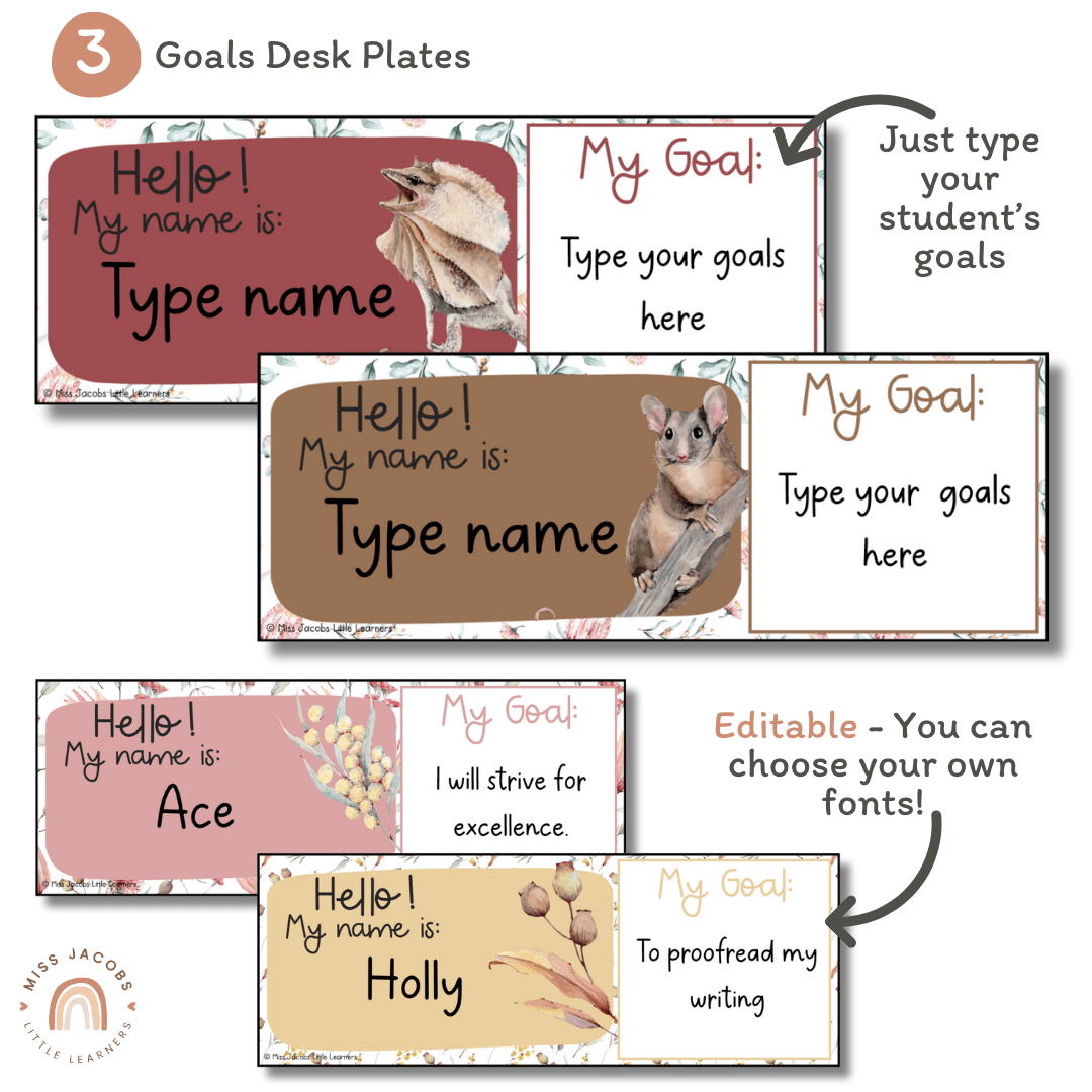 Student Desk Name Plate & Goals Mat - Australiana Theme - MJLL