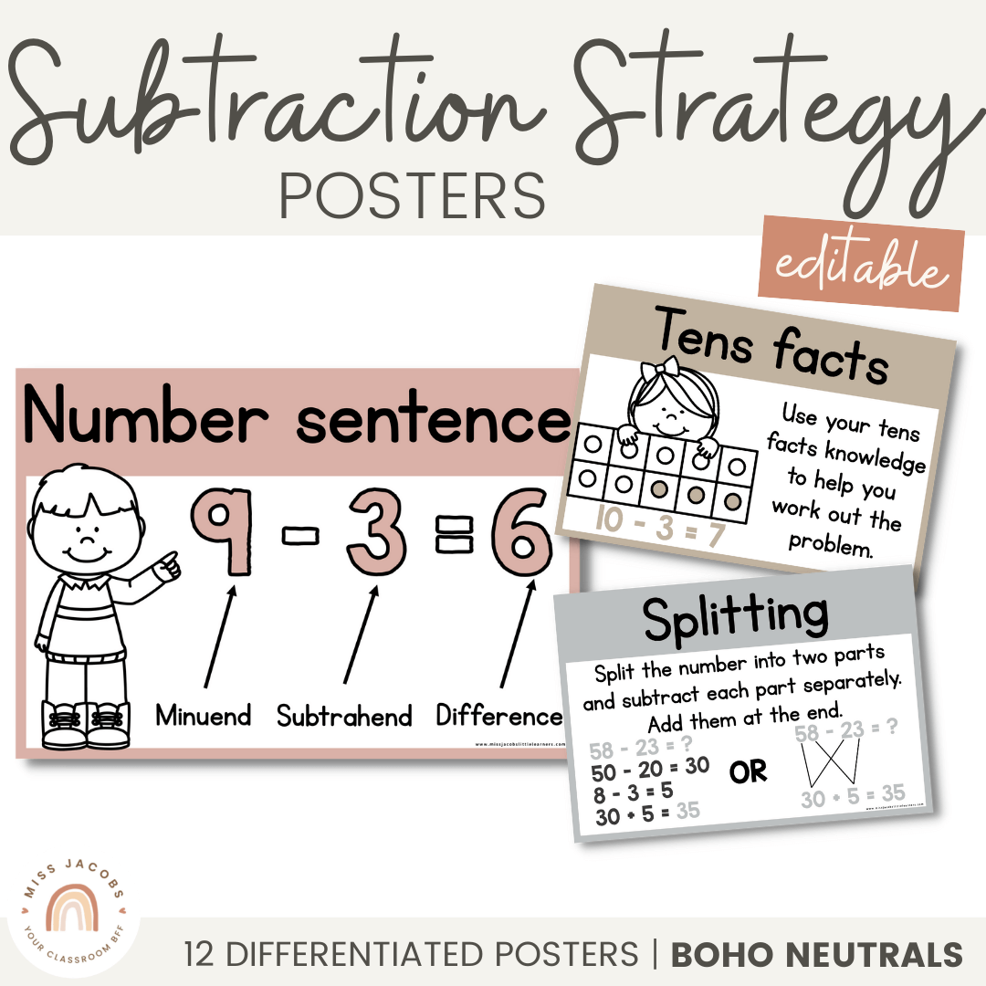 Subtraction Strategies Posters - Boho Neutrals Classroom Theme - MJLL