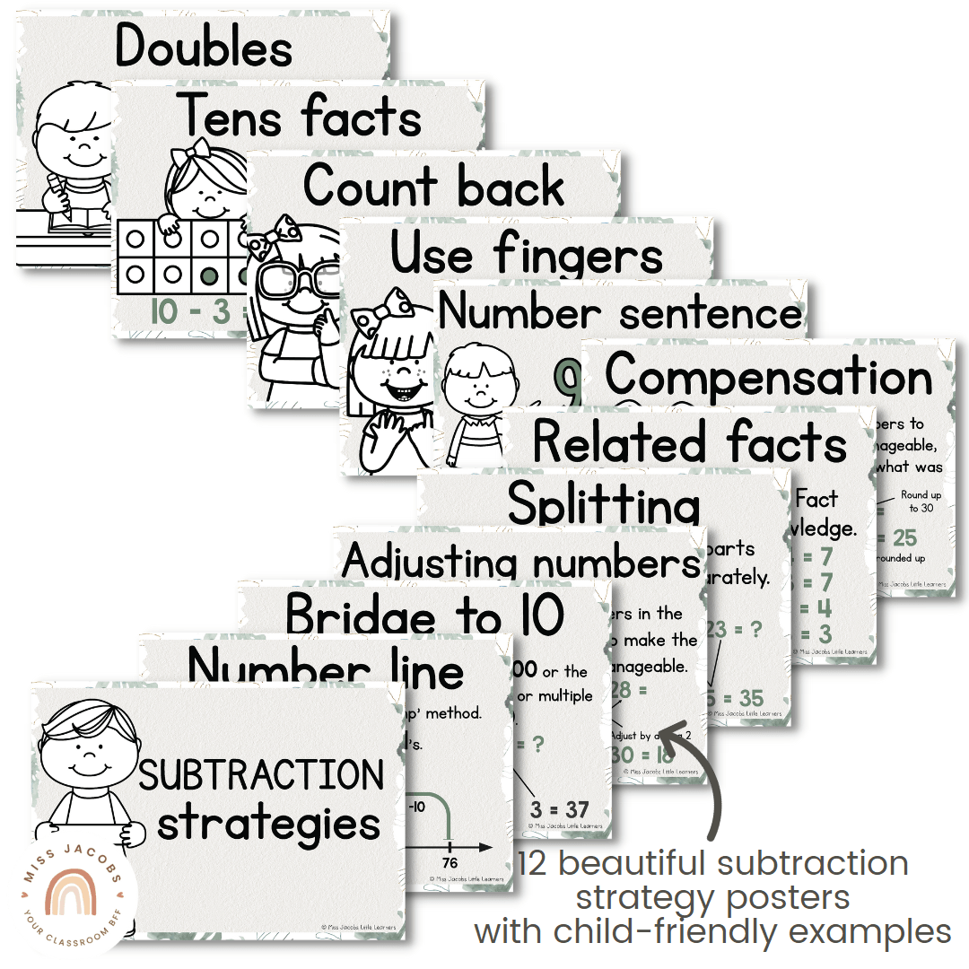 Subtraction Strategies Posters | Modern Jungle Math Classroom Decor