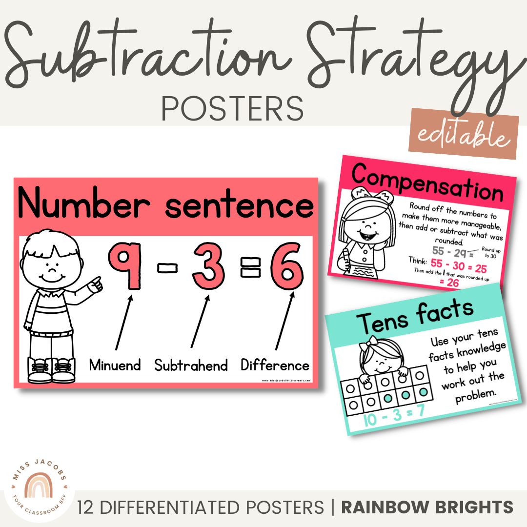 Subtraction Strategies Posters - Bright Theme - Miss Jacobs