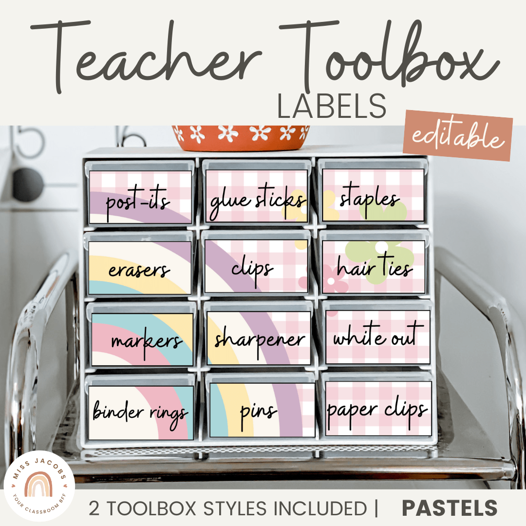 Teacher Toolbox Labels | Daisy Gingham Pastel Classroom Decor | Editab ...