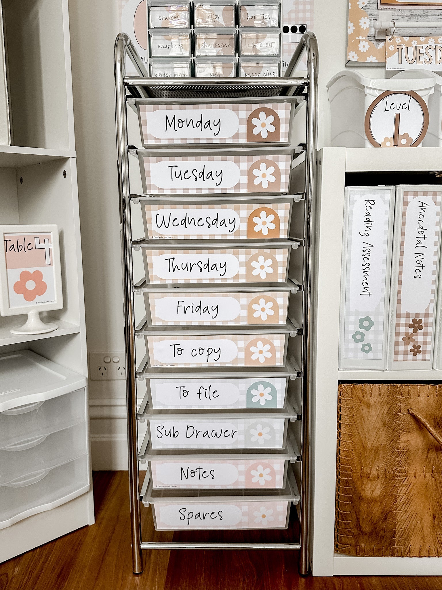 Teacher Trolley Labels | 10 Drawer Cart Labels Daisy Gingham Theme ...