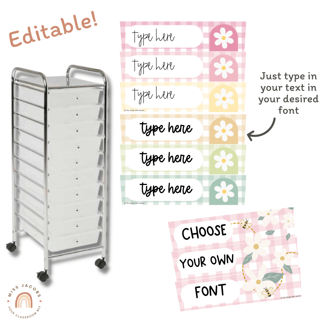 Teacher Trolley Labels | 10 Drawer cart labels in Daisy Gingham | Edit ...
