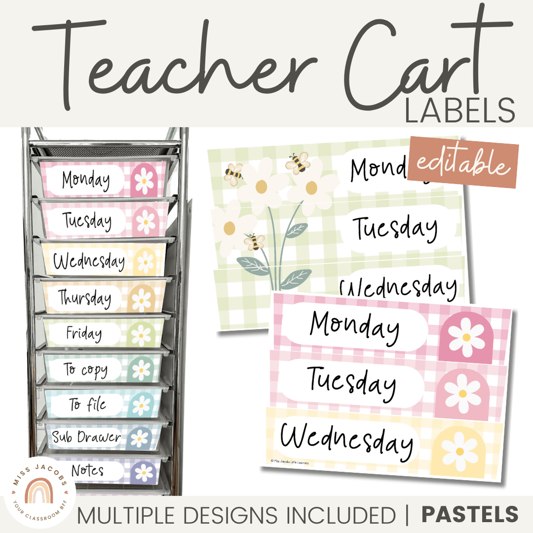 Teacher Trolley Labels | 10 Drawer cart labels in Daisy Gingham | Edit ...