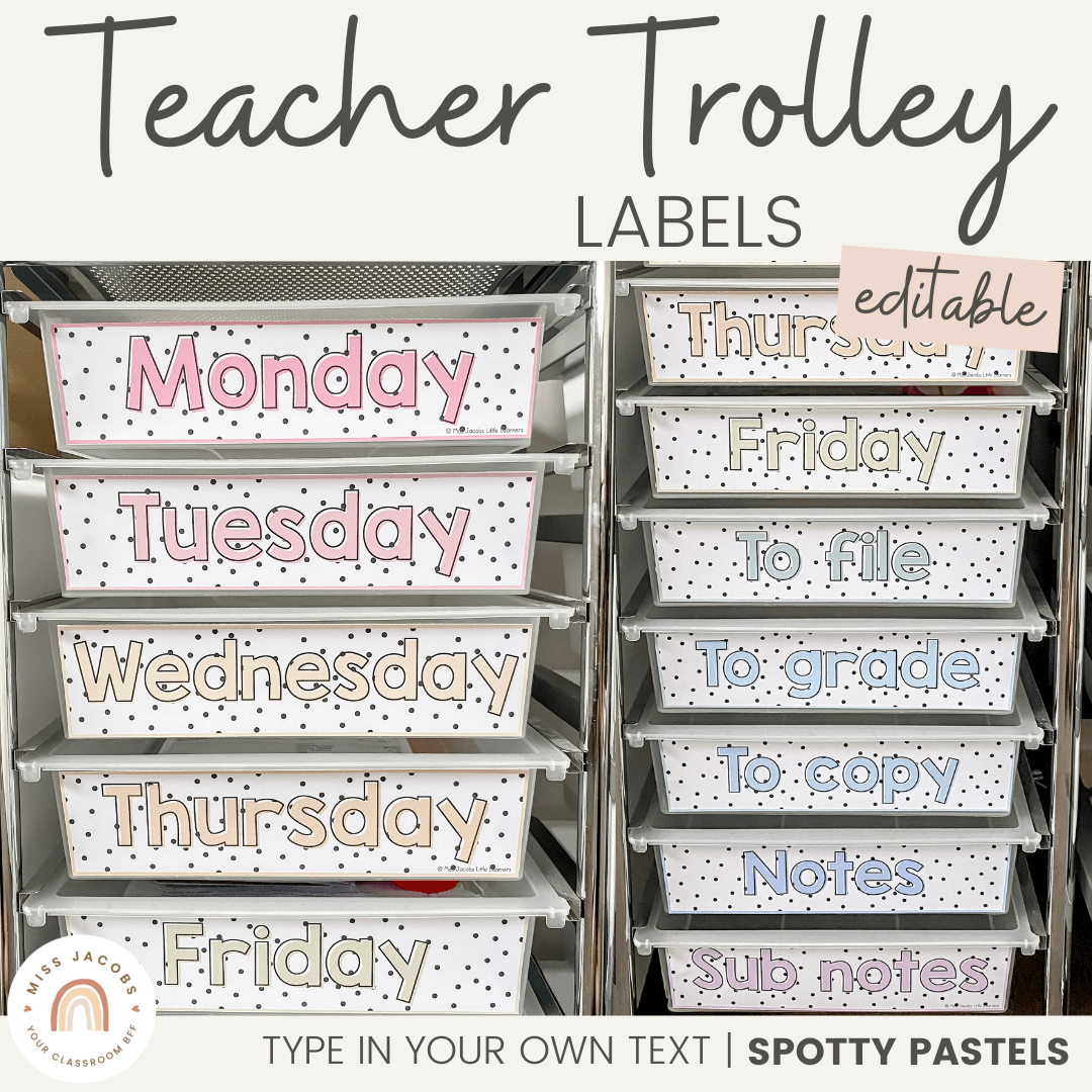 Teacher Trolley Labels for Rolling Cart - Spotty Pastel Theme - MJLL ...
