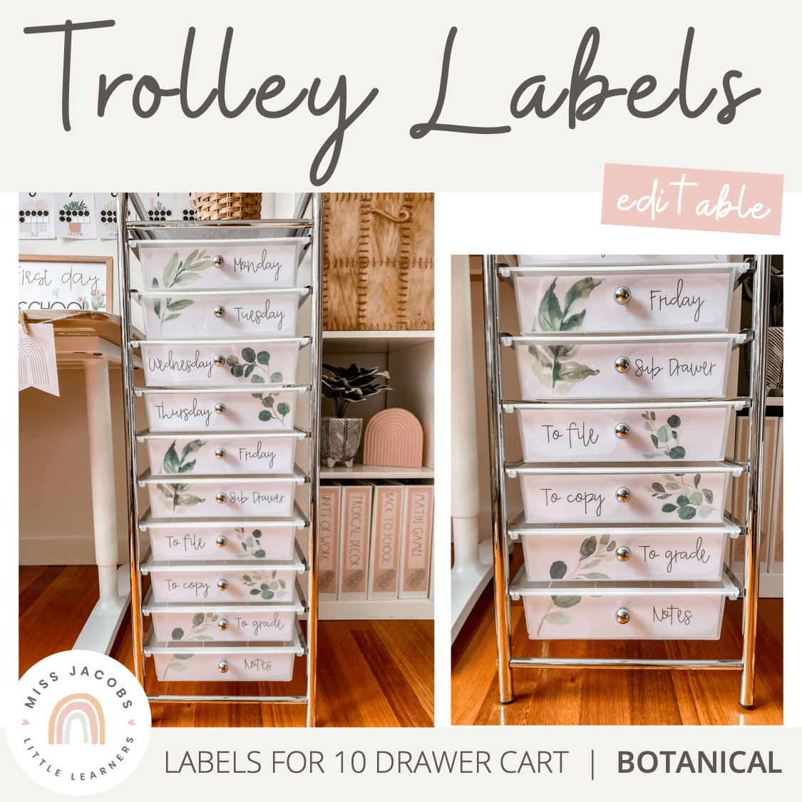 Teacher Trolley Labels for Rolling Cart - Botanical Decor