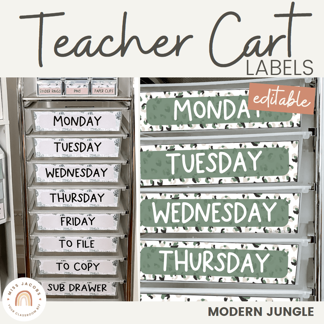 Teacher Trolley Labels for Rolling Cart - Modern Jungle Decor
