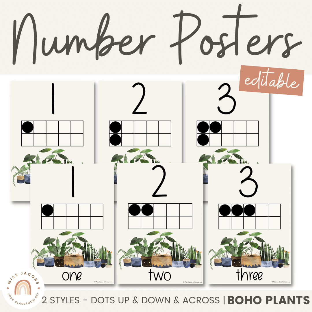 Number Posters with Ten Frames (Light) - Boho Plants Decor