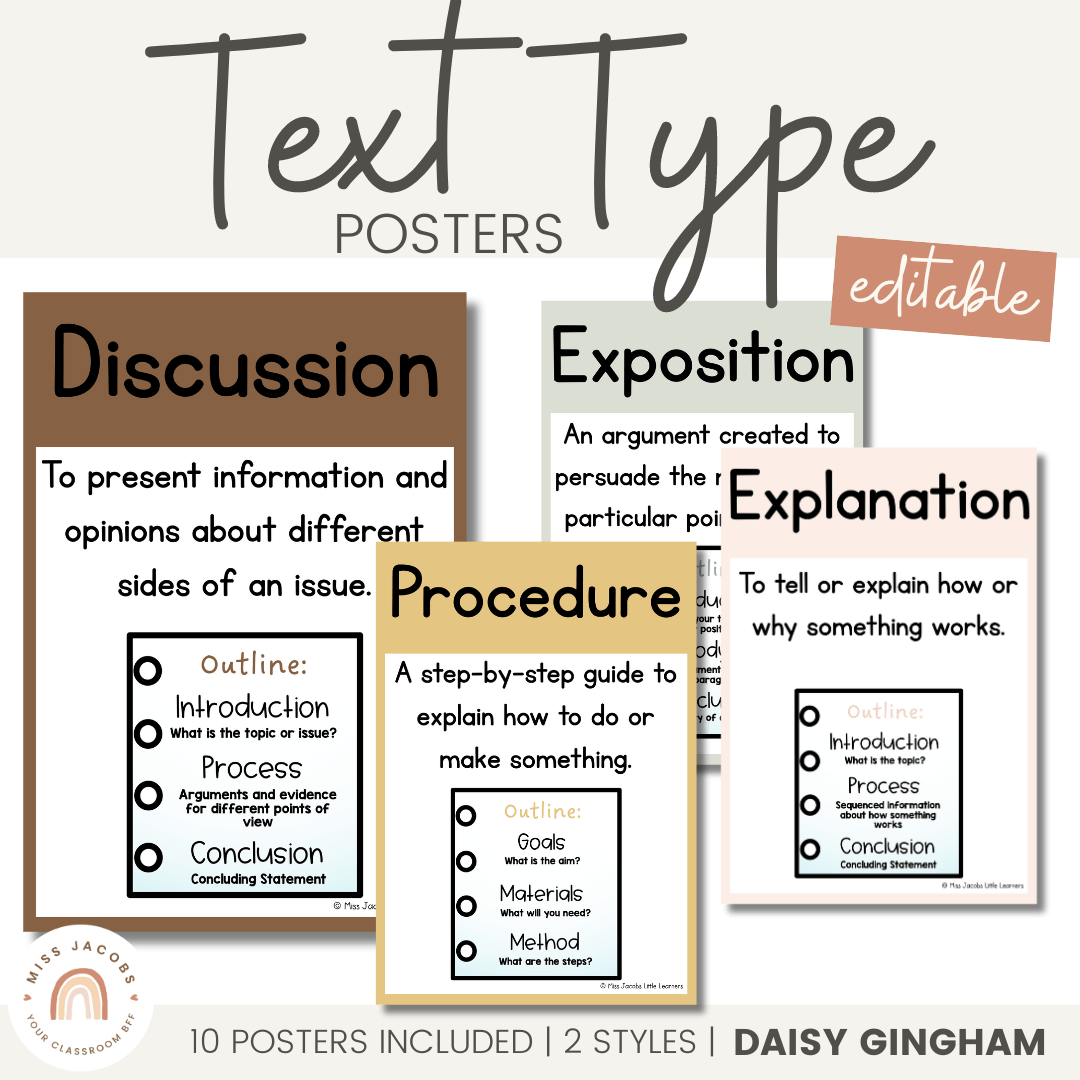 Text Type Posters | Daisy Gingham Neutrals English Classroom Decor ...