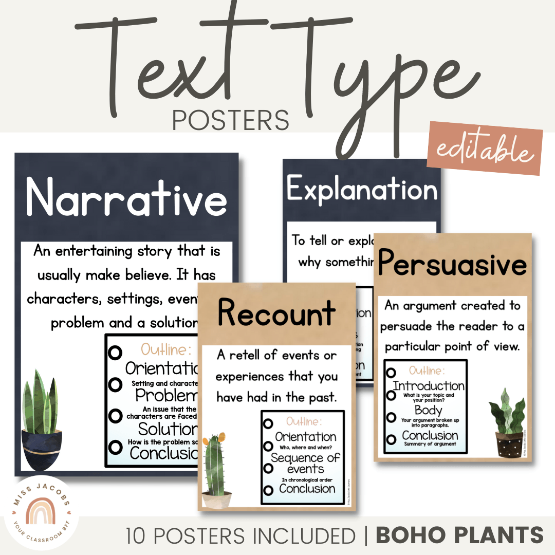 Text Type Posters - Boho Plants Classroom Decor
