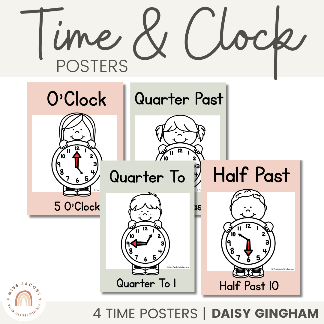 Time and Clock Posters | Daisy & Gingham Neutrals Math Classroom Decor ...